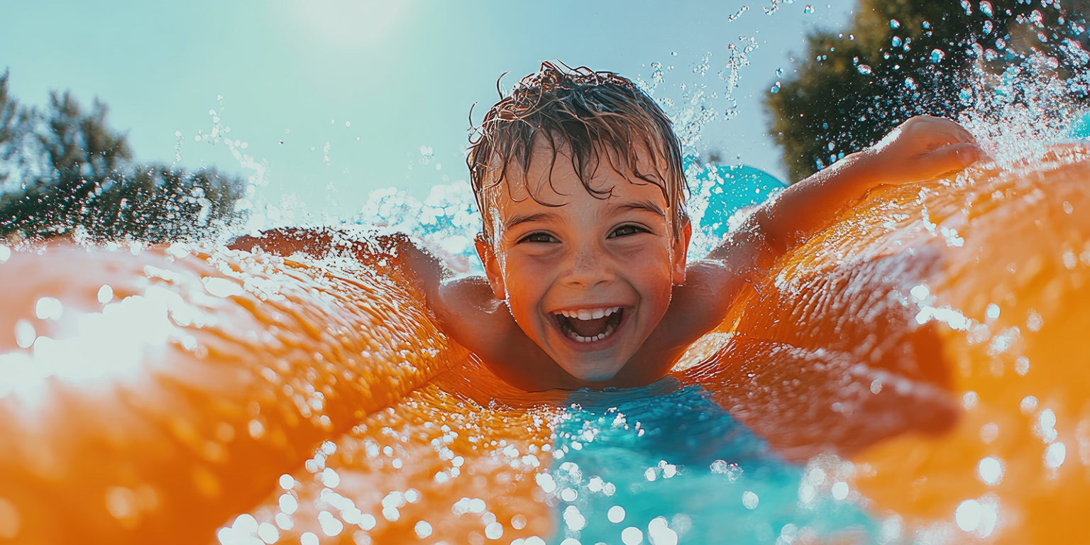 A young boy is sliding down an inflatable slide at the water par ...